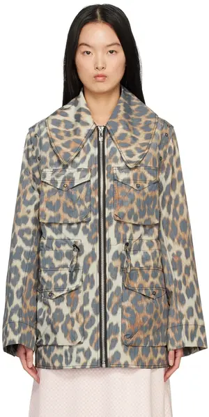 GANNI GANNI Beige Crispy Shell Jacket - 365 Big Leopard Almo