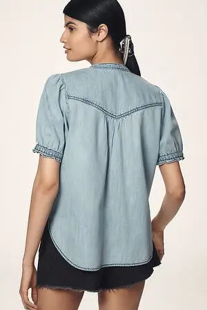 PILCRO Aly Denim Puff-sleeve Blouse - Light Denim