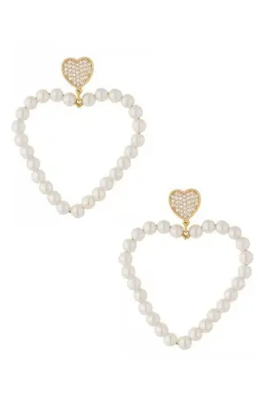 Ettika Heart Shaped Imitation Pearl Drop Earrings - Gold