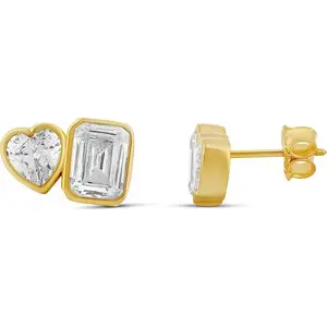 SHYMI Two-stone Bezel Stud Earrings - Gold/ White