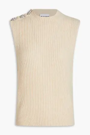 GANNI Crystal-embellished Ribbed Wool-blend Vest - Beige