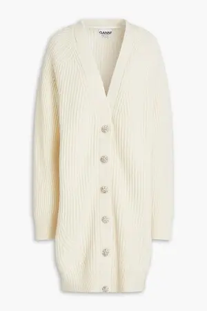 GANNI Crystalembellished Ribbed Recycled Woolblend Cardigan - Ivory