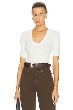 Enza Costa Textured Rib Half Sleeve U Neck Top Undyed
