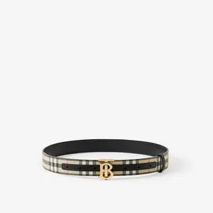 Burberry Check And Leather Reversible Tb Belt - Archive Beige/black/gold
