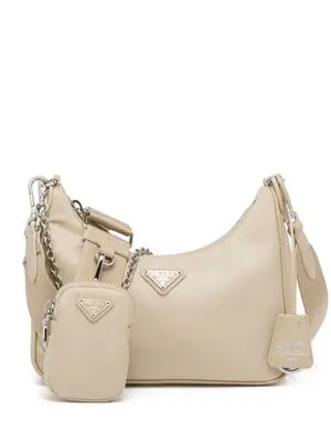 Prada Re-edition 2005 Shoulder Bag With Enamel Triangle Logo - Neutrals