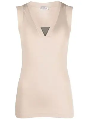 Brunello Cucinelli Ribbed Tank Top With Monili Chain Detail - Neutrals