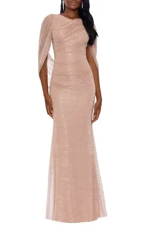 Betsy & Adam Metallic Drape Sleeve Sheath Gown - Champagne