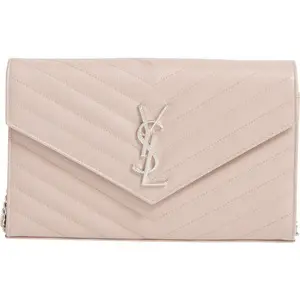 Saint Laurent Cassandre Matelassé Leather Wallet On A Chain Marble Pink