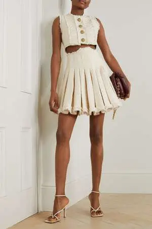 Balmain Frayed Pleated Cotton-blend Tweed Mini Skirt - Off-white