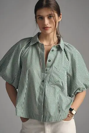 Maeve The Zooey Bubble-sleeve Blouse - Green & White Stripe
