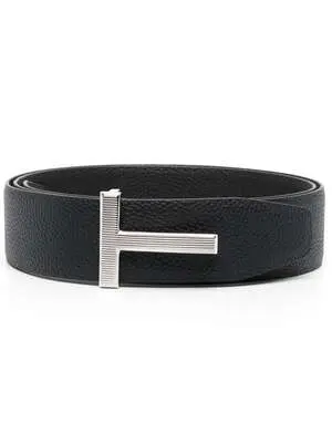 TOM FORD Grained Leather Belt With Logo Buckle - Blue