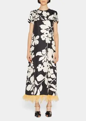 La DoubleJ Floral-Print Silk Swing Dress With Feather Trim Winter Jasmine