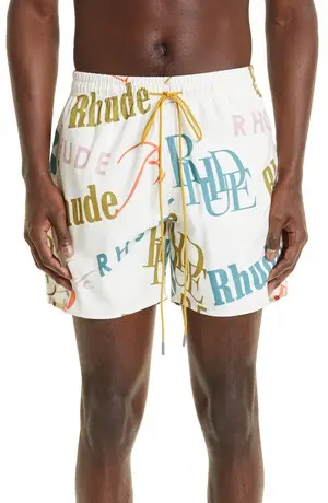 Rhude Mash-up Logo Print Swim Trunks Creme/ Multi