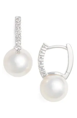 Mikimoto Diamond And Akoya Cultured Pearl Hoop Earrings - White Gold