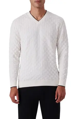Bugatchi Basketweave Stitch V-neck Sweater - Chalk