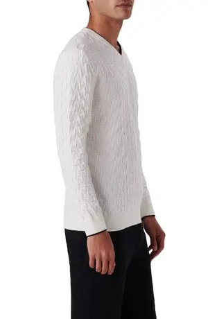 Bugatchi Basketweave Stitch V-neck Sweater - Chalk