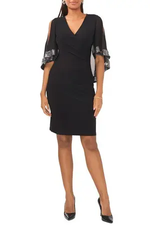 Chaus Sequin Trim Cape Sheath Dress - Black