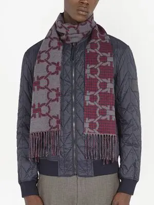 FERRAGAMO Gancini Print Frindged Scarf - Blue