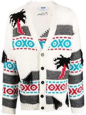 MSGM Patterned Intarsia-knit Cardigan - White