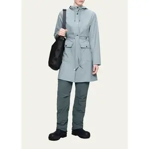 Rains Curve Belted Trench Coat With Drawstring Hood - Pool