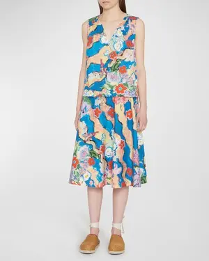 Marni Floral Painting-print Midi Circle Skirt Royal Blue