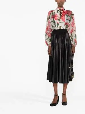 Dolce & Gabbana Carnation-print Tie-neck Silk Blouse - White
