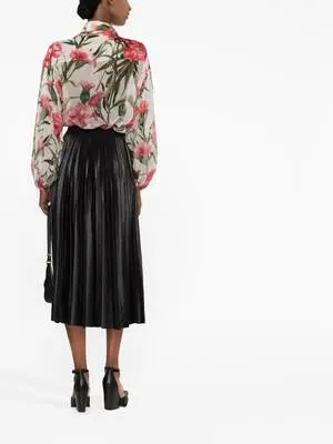 Dolce & Gabbana Carnation-print Tie-neck Silk Blouse - White