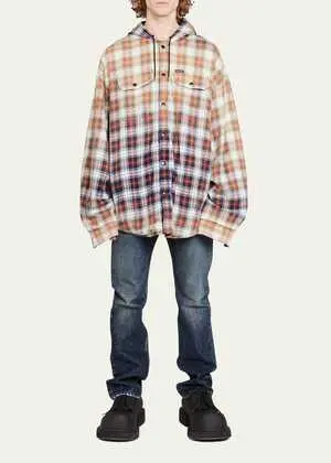 Balenciaga Bleached Flannel Shirt Jacket W/ Hood In Whbk/Gn/Rd