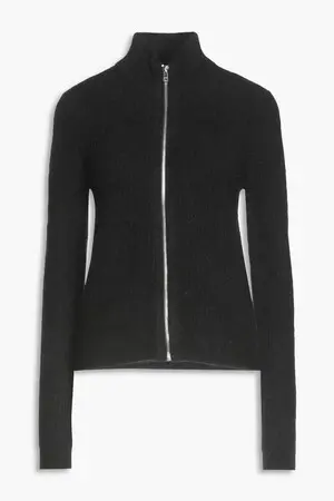 GANNI Brushed Ribbedknit Zipup Sweater - Black
