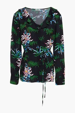 Kenzo Ruffletrimmed Floralprint Crepe Blouse - Black