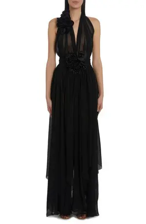 Dolce & Gabbana Rosette Detail Halter Neck Silk Chiffon Gown - Black