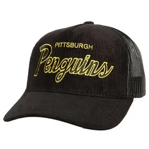 Mitchell & Ness Pittsburgh Penguins Times Up Classic Script Cord Trucker Adjustable Hat - Black