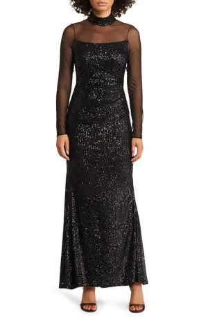 Eliza J Sequin Mesh Lace Long Sleeve Gown
