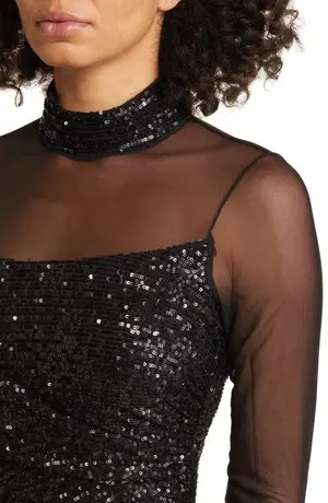 Eliza J Sequin Mesh Lace Long Sleeve Gown