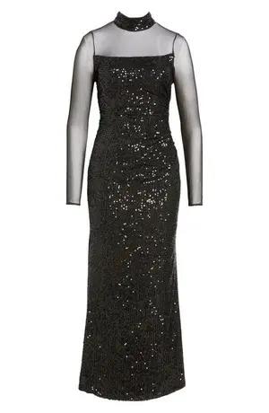 Eliza J Sequin Mesh Lace Long Sleeve Gown