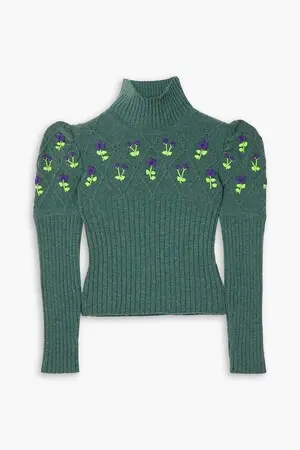 CORMIO Oma Embroidered Ribbed Wool Turtleneck Sweater - Emerald