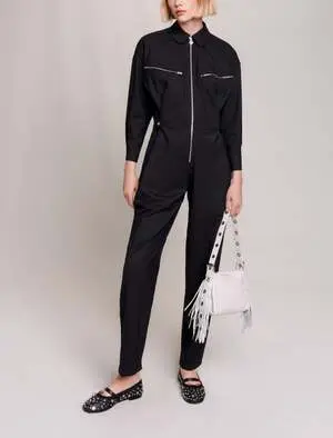 Maje Wide-leg Jumpsuit With Zip Fastening And Adjustable Waist - Black
