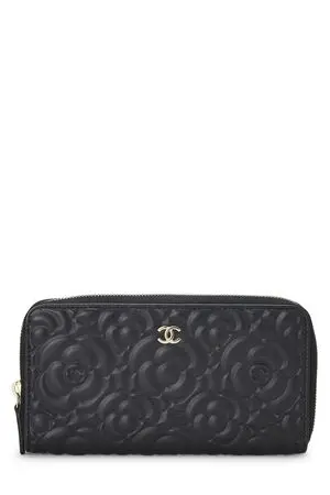 Chanel Embossed Camellia Leather Zip Around Wallet