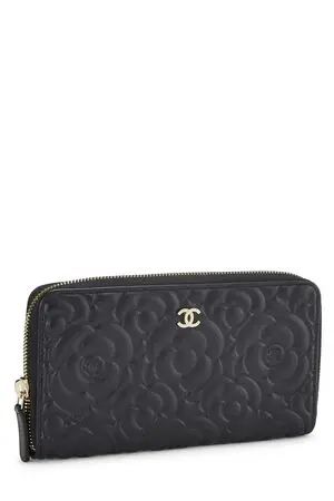 Chanel Embossed Camellia Leather Zip Around Wallet