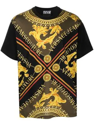 Versace V-emblem Chain-print Cotton T-shirt - Black