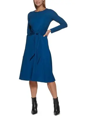 Dkny Womens Knit Tiewaist Midi Dress - Blue