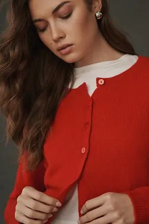 REFORMATION Clara Cashmere Crew Cardigan Sweater - Cherry