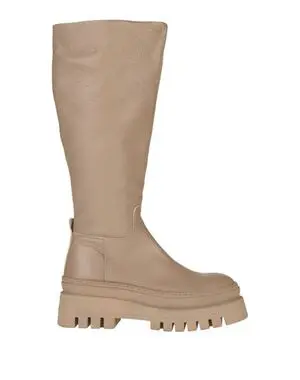 Steve Madden Knee High Leather Boots With Block Heel And Lug Sole - Beige