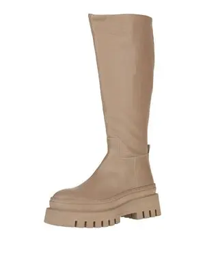 Steve Madden Knee High Leather Boots With Block Heel And Lug Sole - Beige