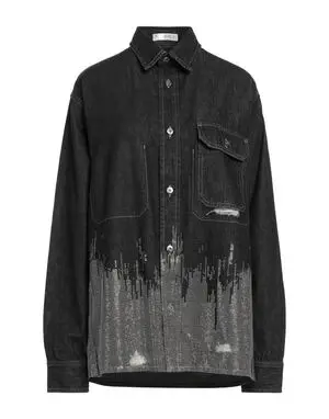 JW Anderson Distressed Denim Overshirt With Appliqués - Black