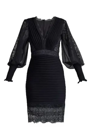 Tadashi Shoji Pleated Lace Long Sleeve Sheath Dress - Black