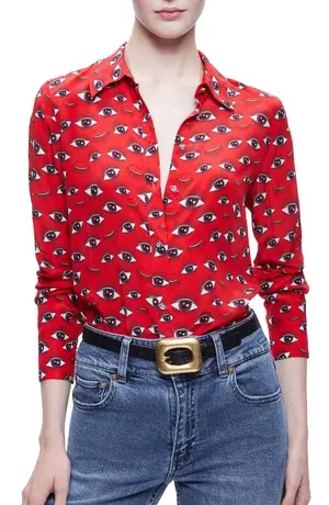 Alice + Olivia Willa Eye Print Silk Blouse