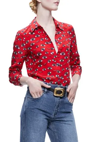 Alice + Olivia Willa Eye Print Silk Blouse