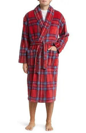 Majestic International Plaid Shawl Collar Fleece Robe - Cherry
