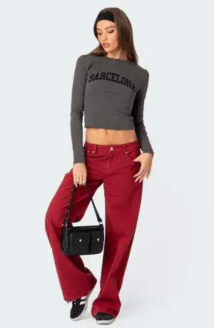 EDIKTED Roman Wide Leg Jeans - Burgundy